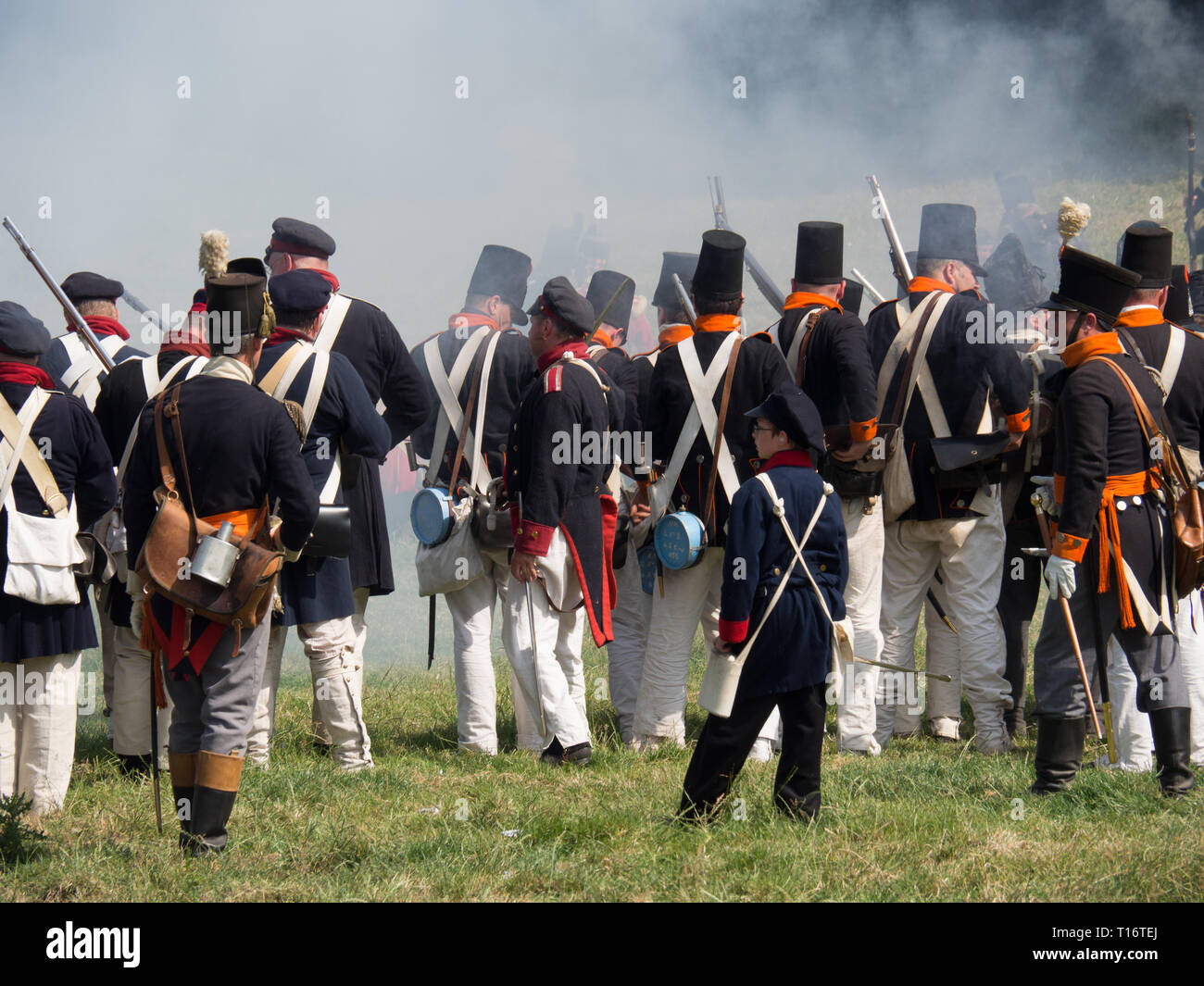 Waterloo, Belgium - June 18 2017: Allied forces reloading their muskets ...