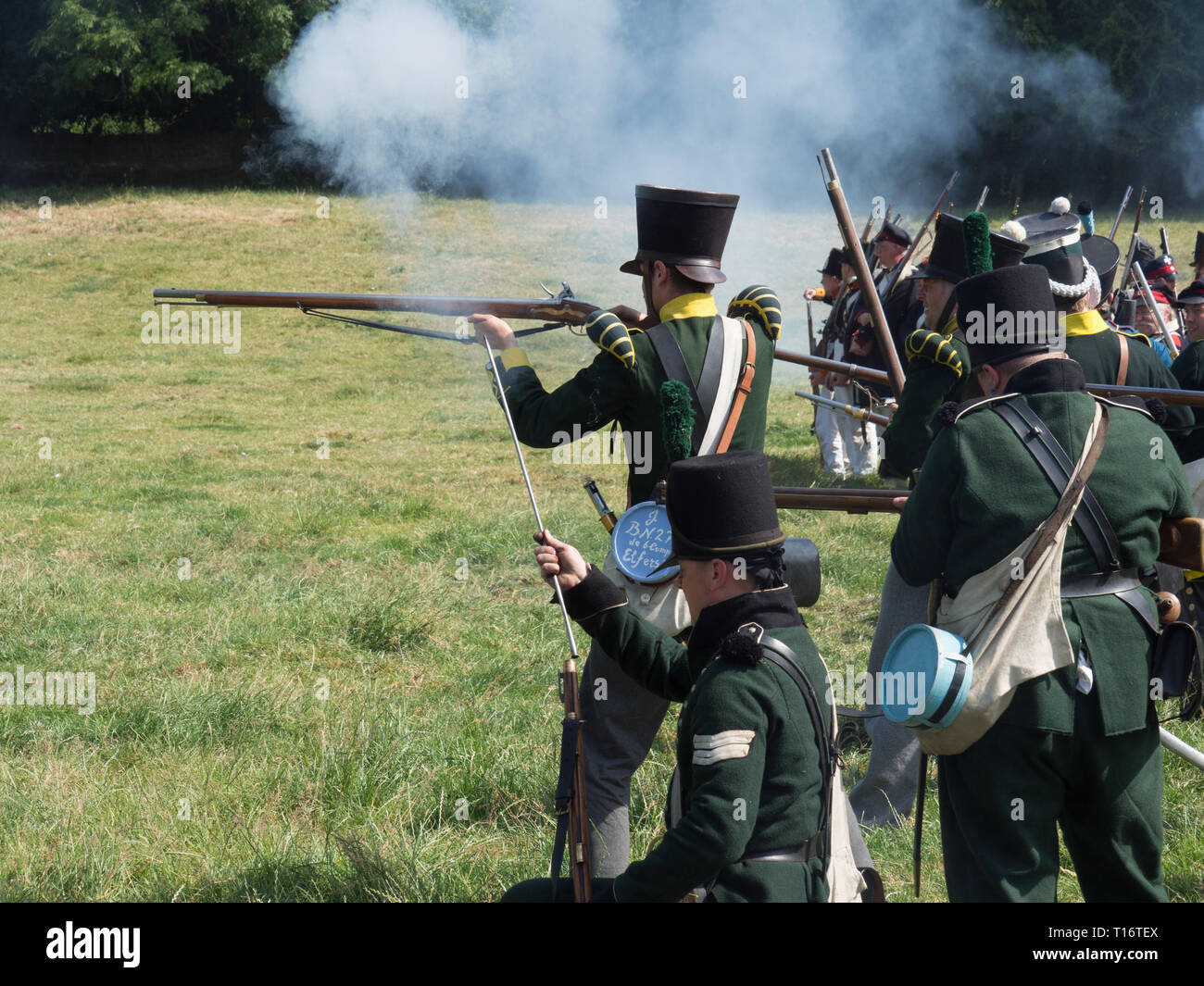 Waterloo, Belgium - June 18 2017: Soldiers of the allied forces fire ...