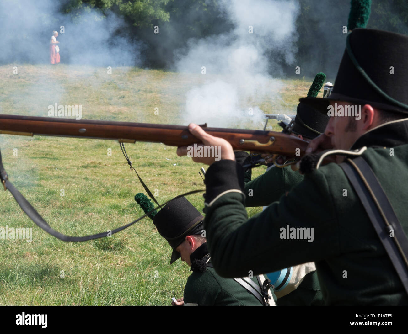Waterloo, Belgium - June 18 2017: Soldiers of the allied forces fire ...