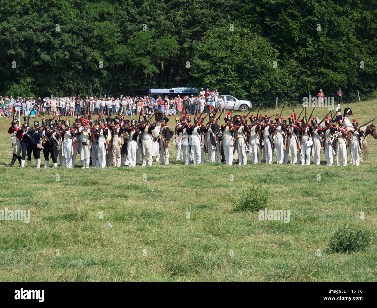 Waterloo, Belgium - June 18 2017: French soldiers firing a musket ...