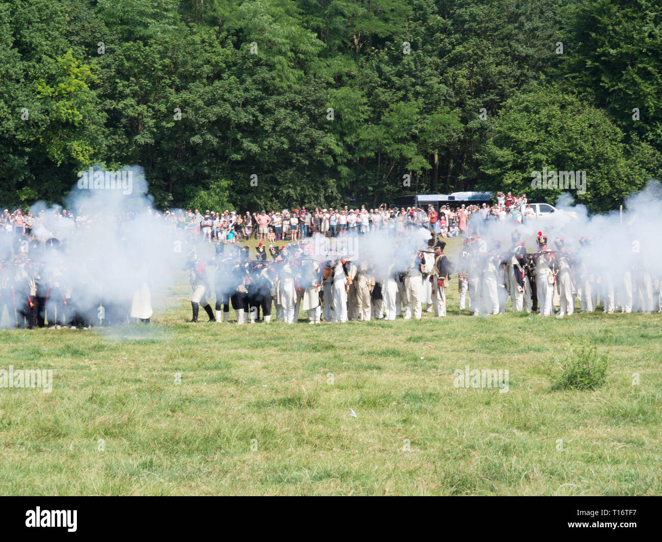 Waterloo, Belgium - June 18 2017: French soldiers firing a musket ...