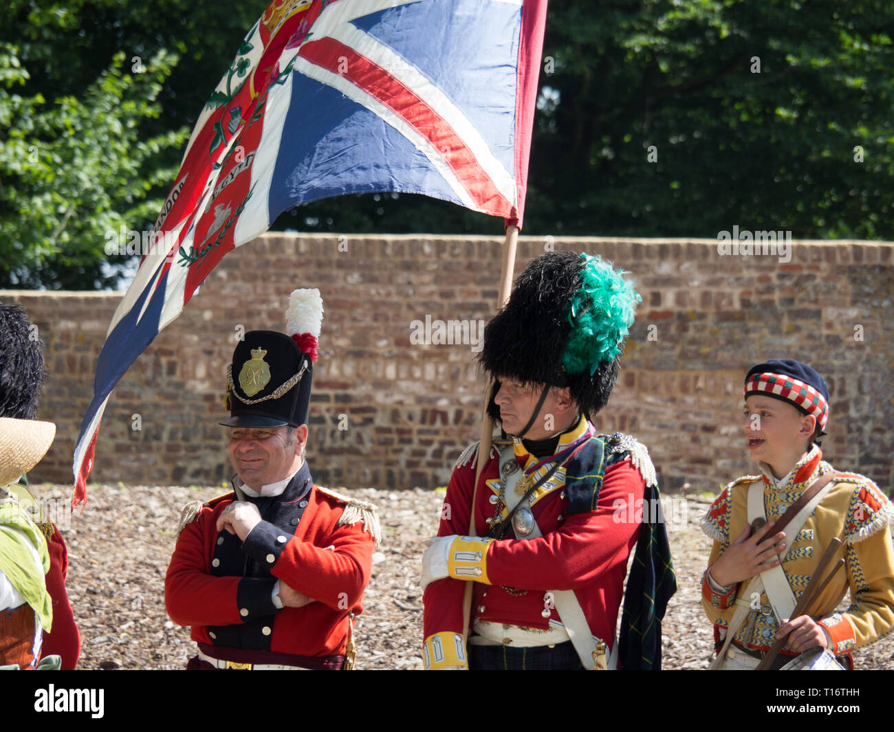 Waterloo, Belgium - June 18 2017: A British banner carrier presents the ...