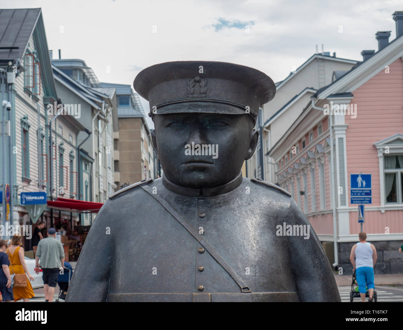 Oulu, Finland - July 26, 2018: Image of the Topolliisi a bronze statue ...