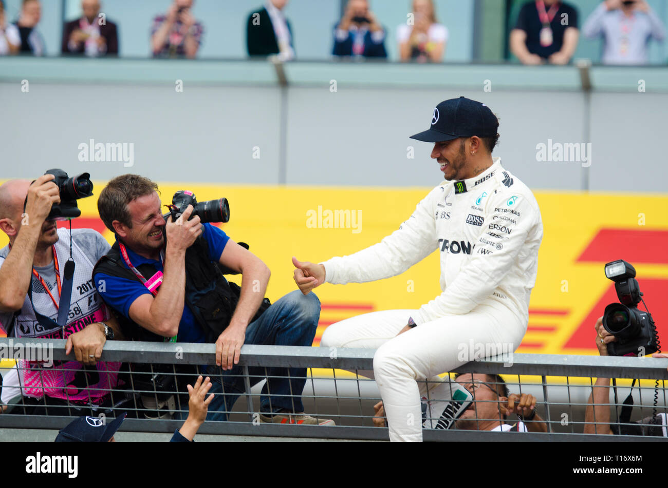 Lewis Hamilton celebrating after winning the British F1 Grand Prix at ...