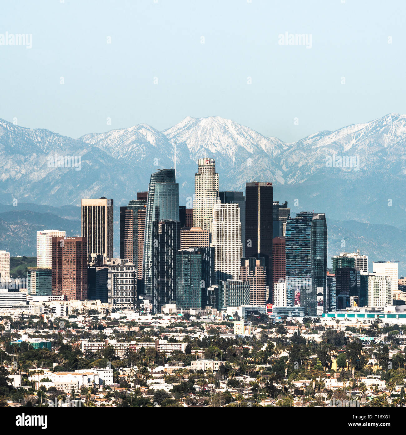 Los Angeles, CA - 03/16/2019: Downtown of Los Angeles against snow ...