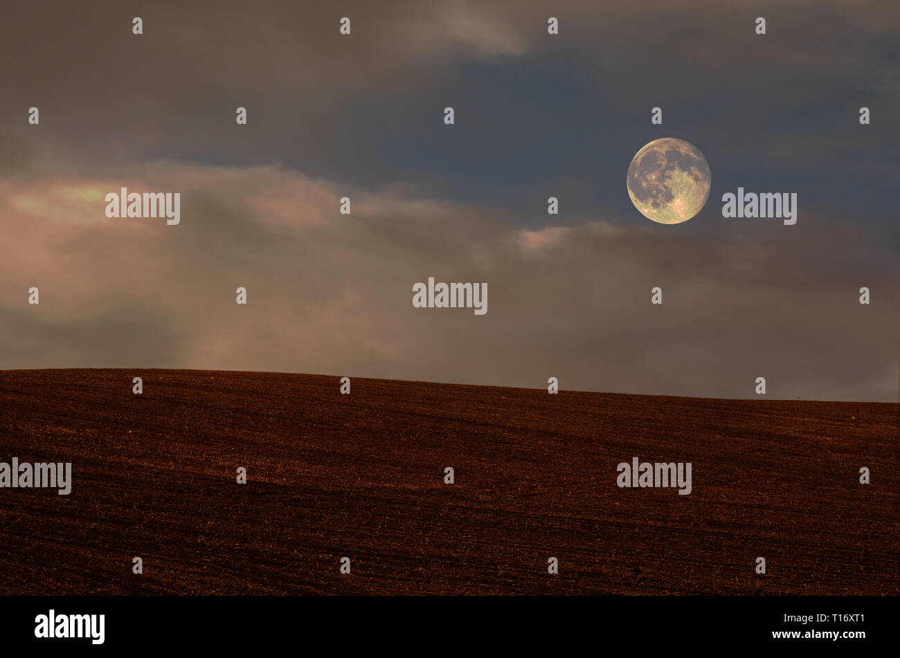 Tilled farm field under a full moon and clouds with dark brown furrows ...