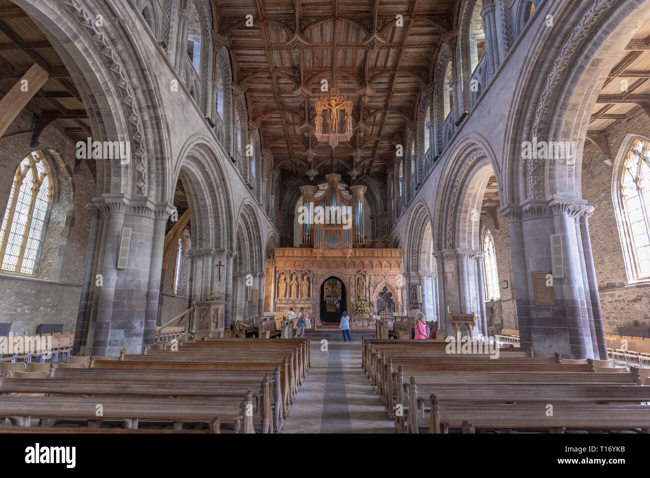 Rich and elaborated interior (nave) of Saint Davids Cathedral, Wales ...