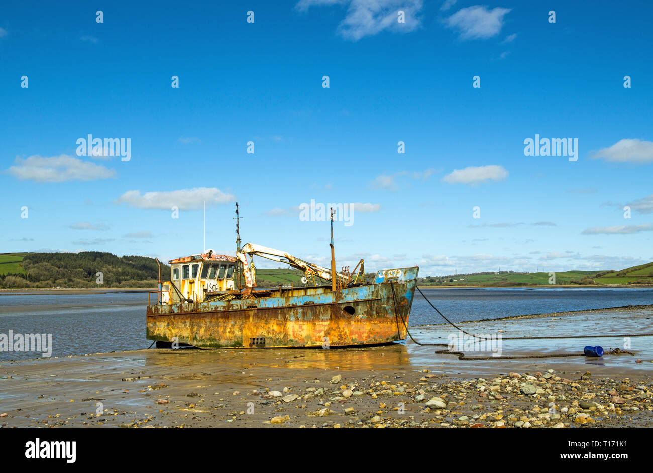 The abandoned trawler Vicky Leigh moored up on the River Tywi Estuary ...
