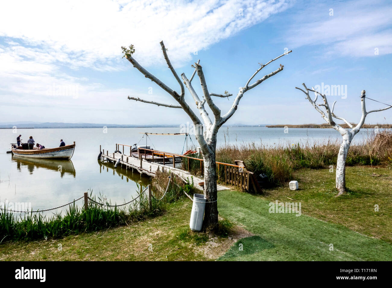 Valencia tourists in a boat trip on the lake, Albufera Natural Park ...