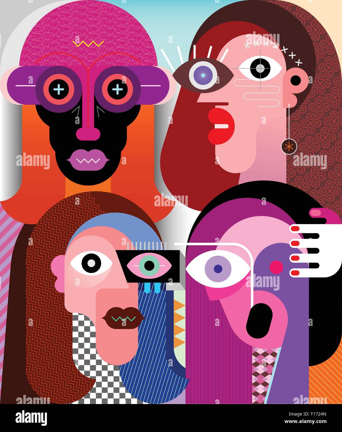 Modern abstract art portrait of four different people. Characters ...