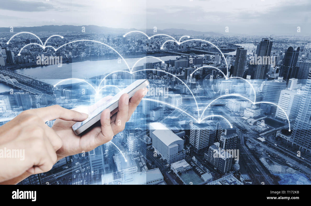 Smart technology, internet 5G and network connection. Hand using mobile ...