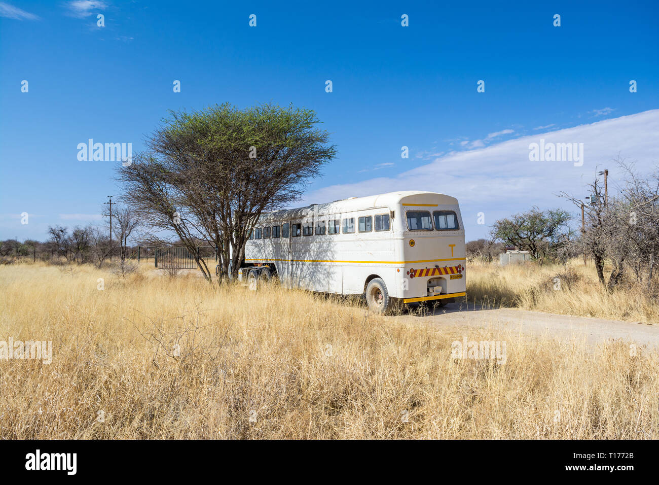 tourist bus parked on a campsite, Namibia Stock Photo - Alamy