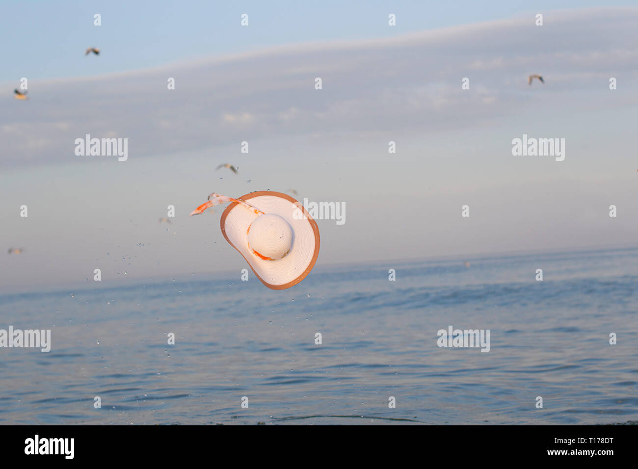 Flying hat on the background of the sea Stock Photo - Alamy