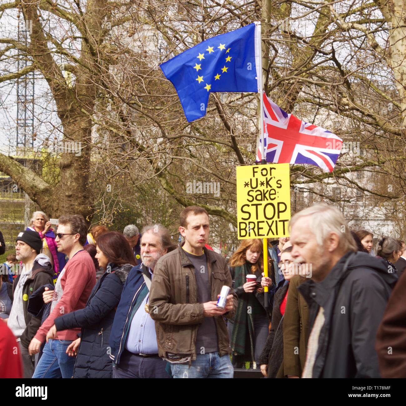Stop Brexit banner with Union Jack and European flag at Brexit march in ...
