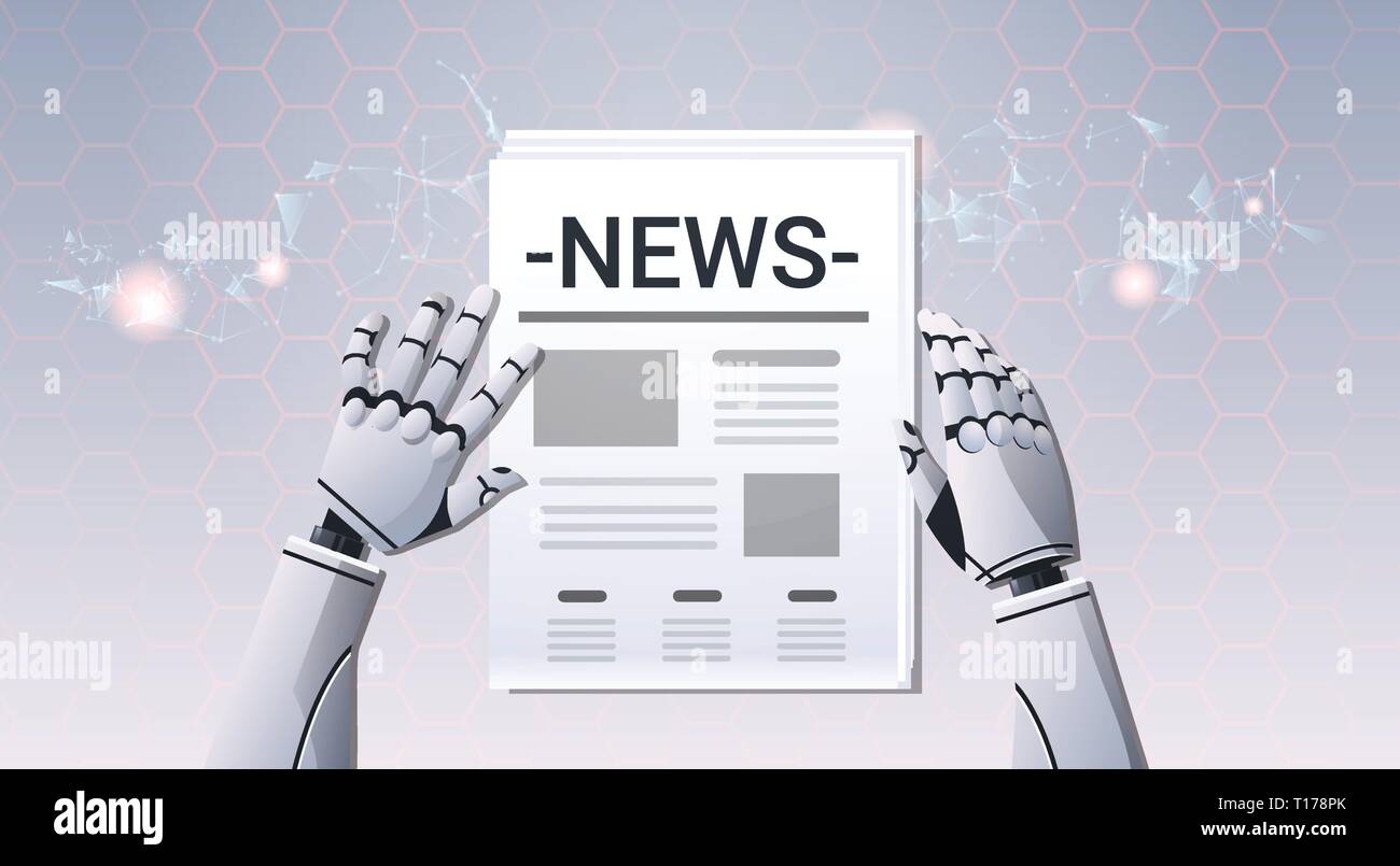 robot hands holding newspaper humanoid reading daily news top angle ...
