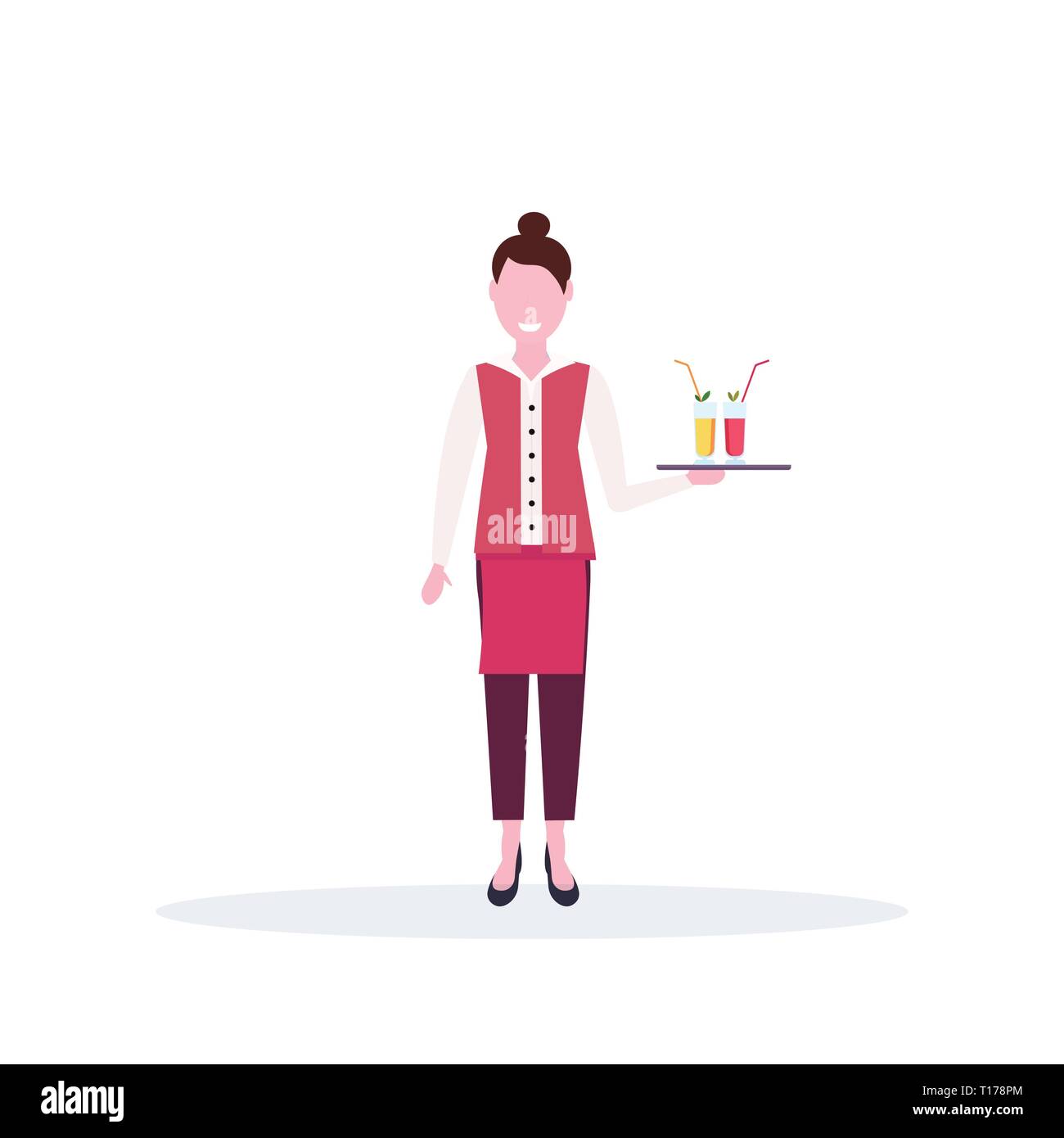 woman waitress holding tray with fresh cocktails restaurant worker in ...