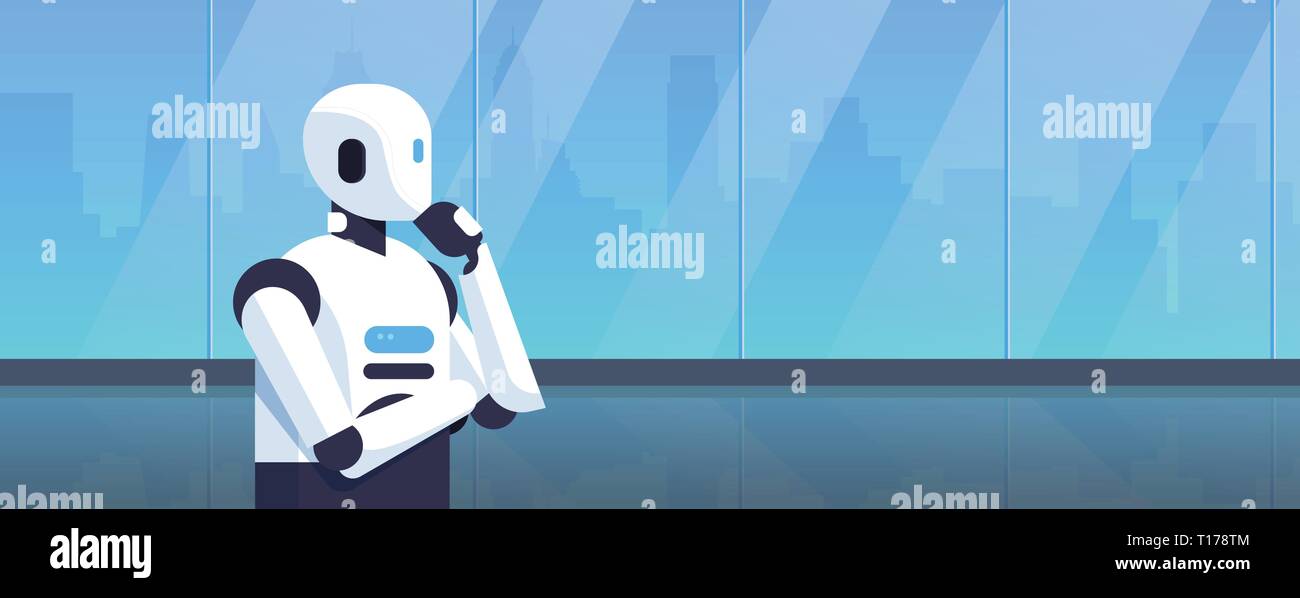 modern robot thinking humanoid holding hand chin pondering artificial ...