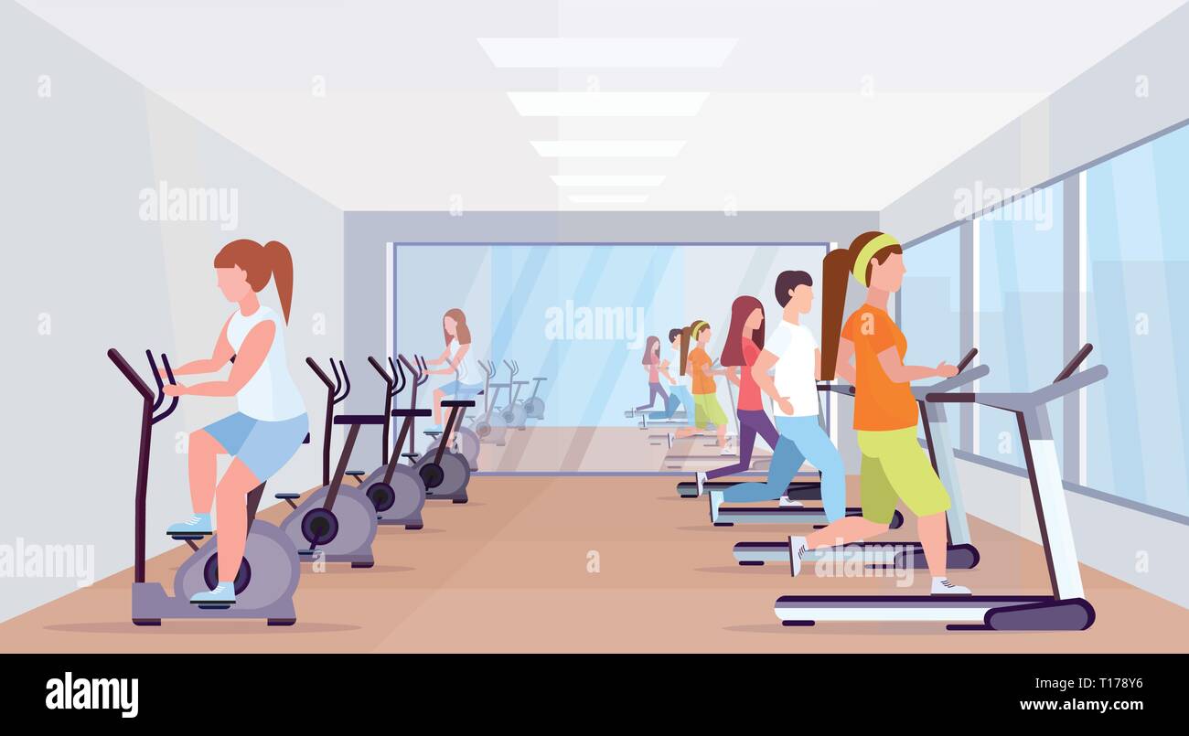 people running treadmill and riding stationary bicycle spinning sport ...