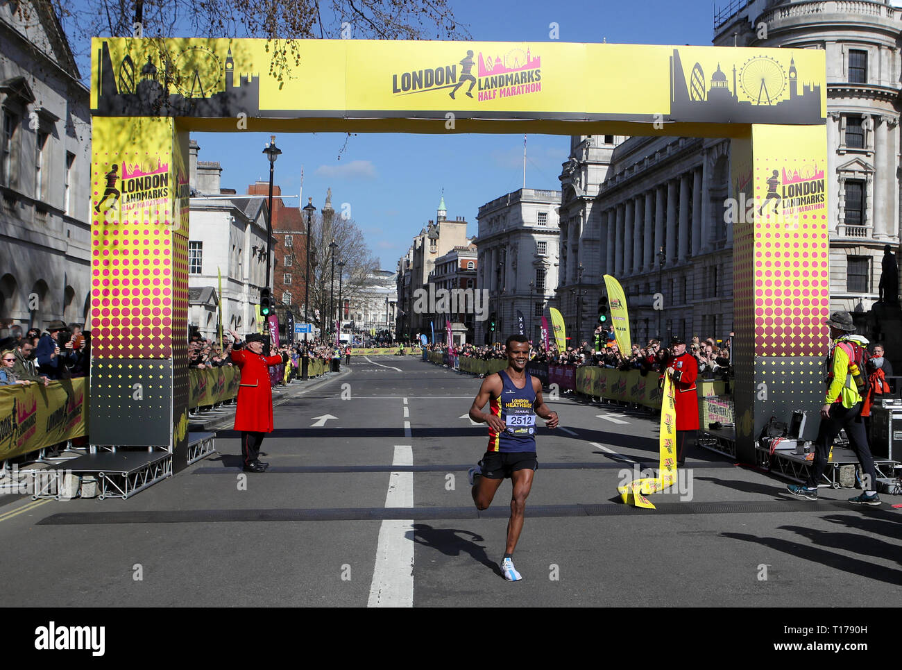 A competitor crosses the finish line during the 2019 London Landmarks ...