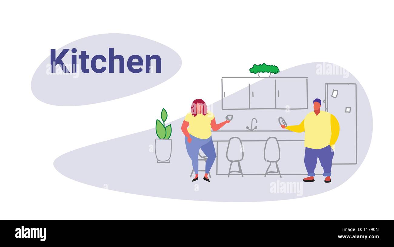 fat obese couple man woman eating and drinking together overweight ...