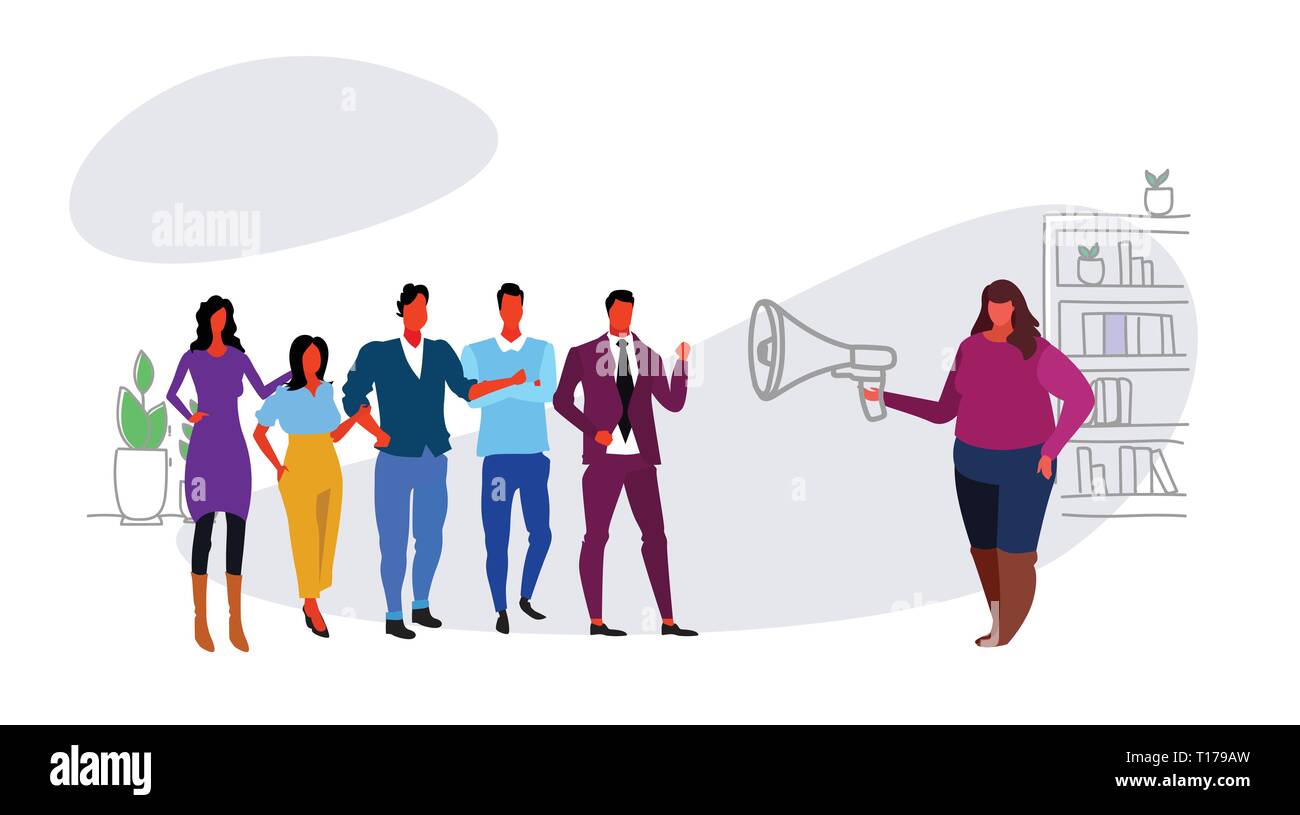 overweight fat businesswoman boss holding megaphone screaming at ...