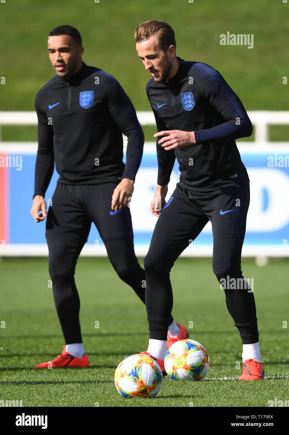 England's Callum Wilson and Harry Kane during the training session at ...