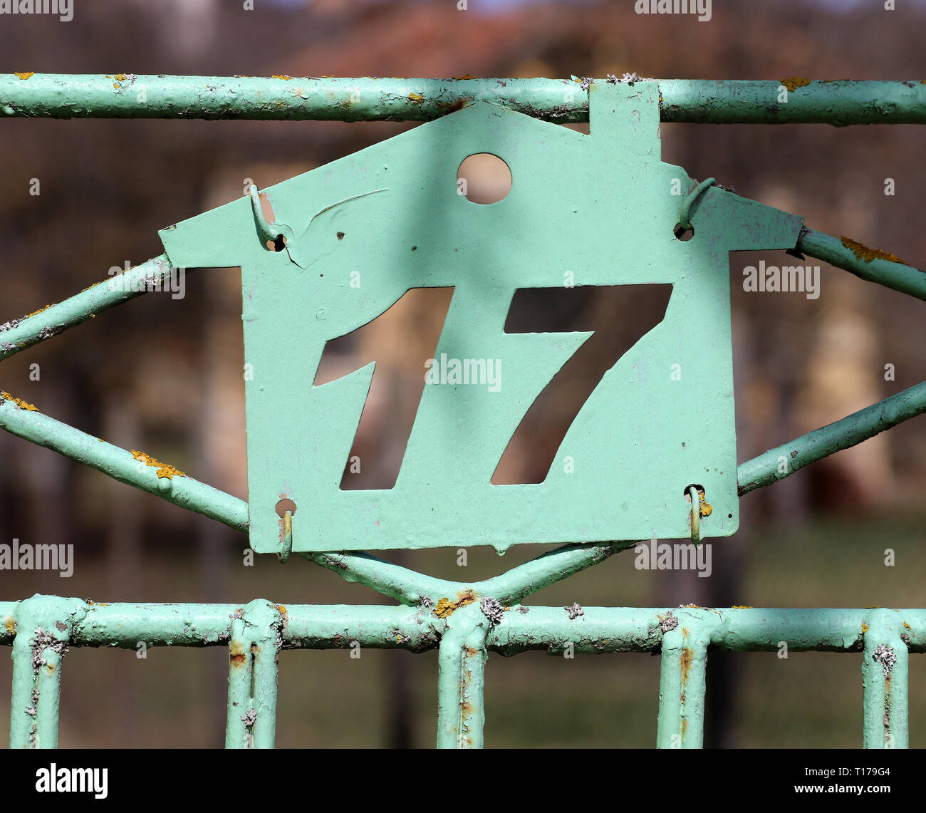 Vintage grunge square metal rusty plate of number of street address ...