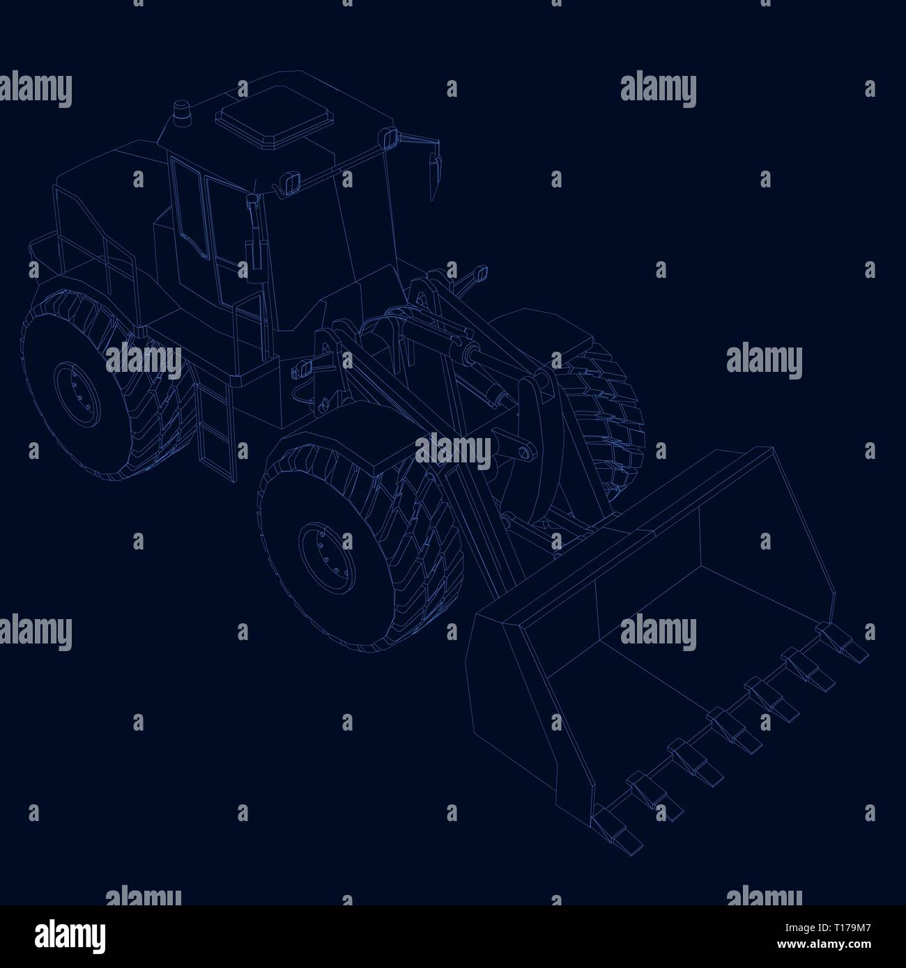 Contour of the bulldozer. Isometric view. Blue lines bulldozer on a ...