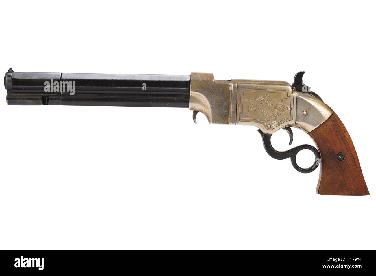 Old vintage weapon - Volcanic Repeating Pistol isolated on white ...