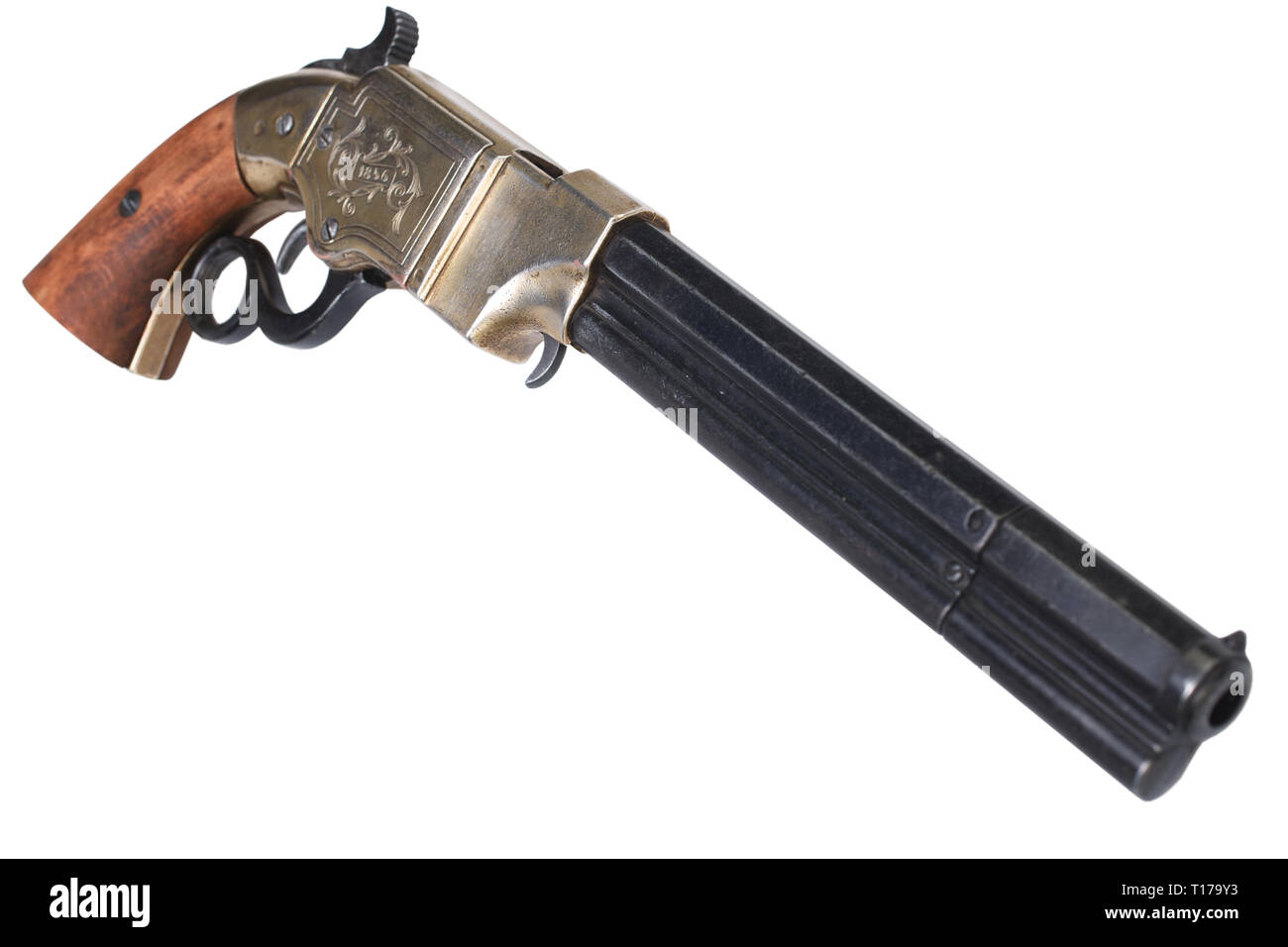 Old vintage weapon - Volcanic Repeating Pistol isolated on white ...