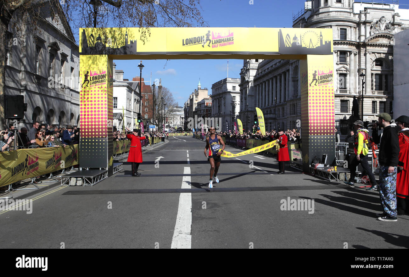A competitor crosses the finish line during the 2019 London Landmarks ...