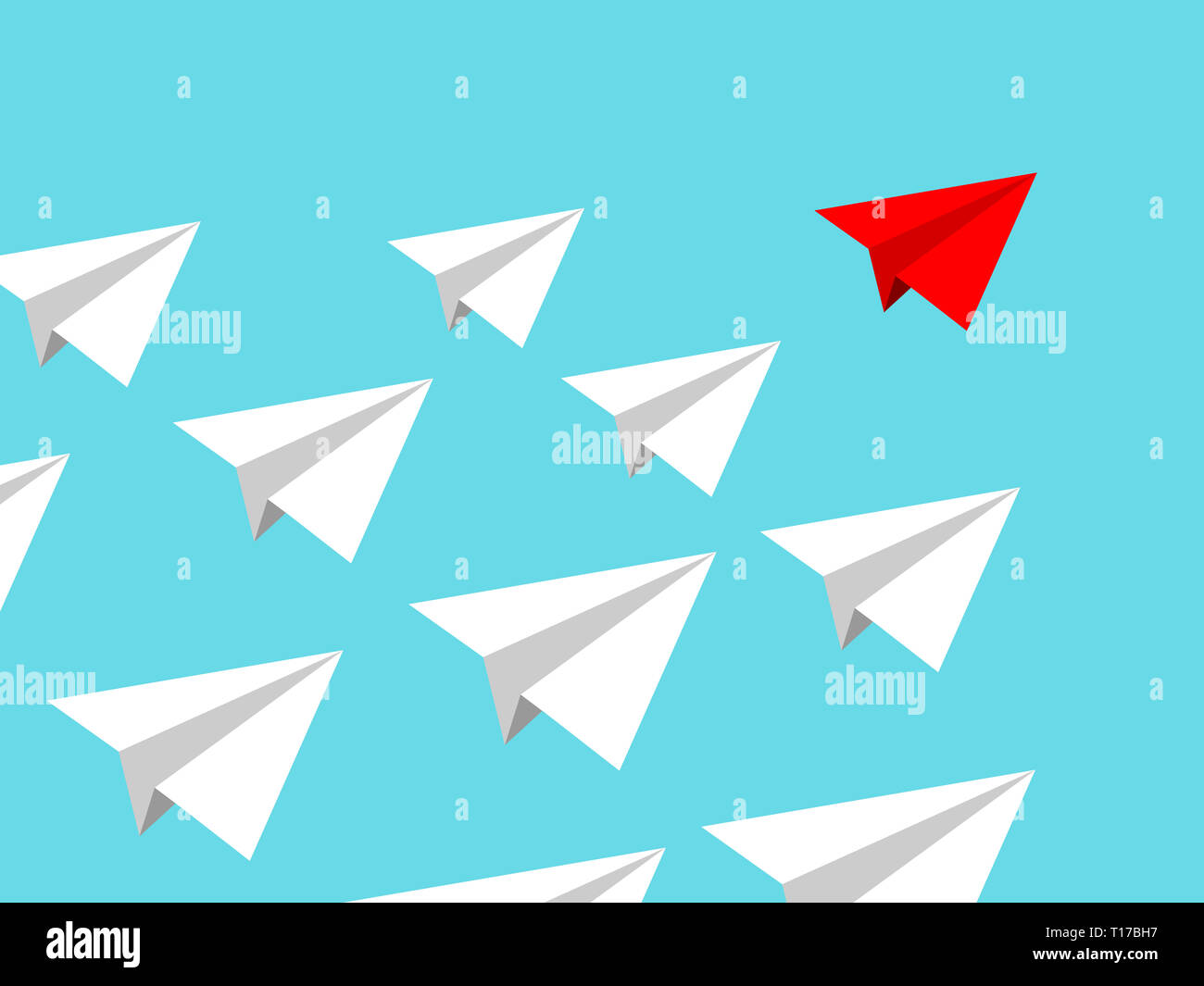Paper airplane team with red leader conducting mission isolated on blue ...