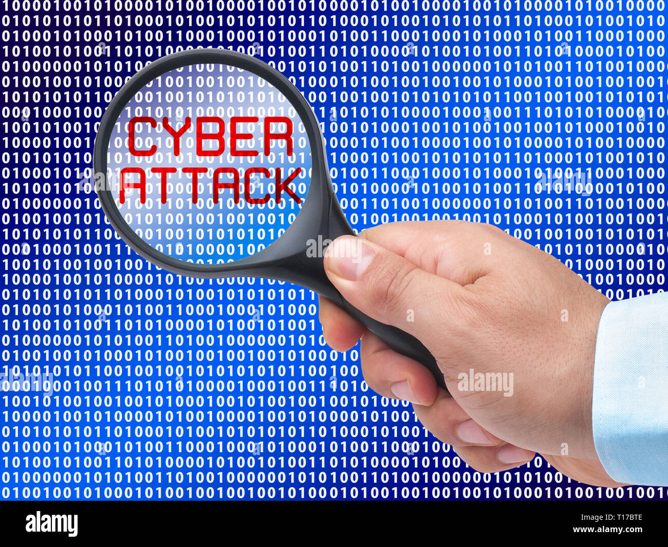 magnifying glass in hand on digital background detecting Cyber Attack ...