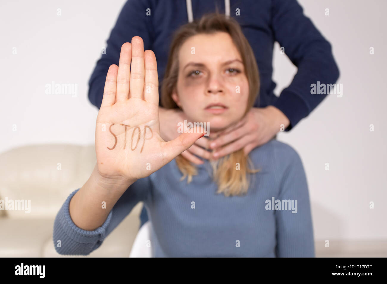 People, domestic violence and abuse concept - Woman shows stop abusing ...