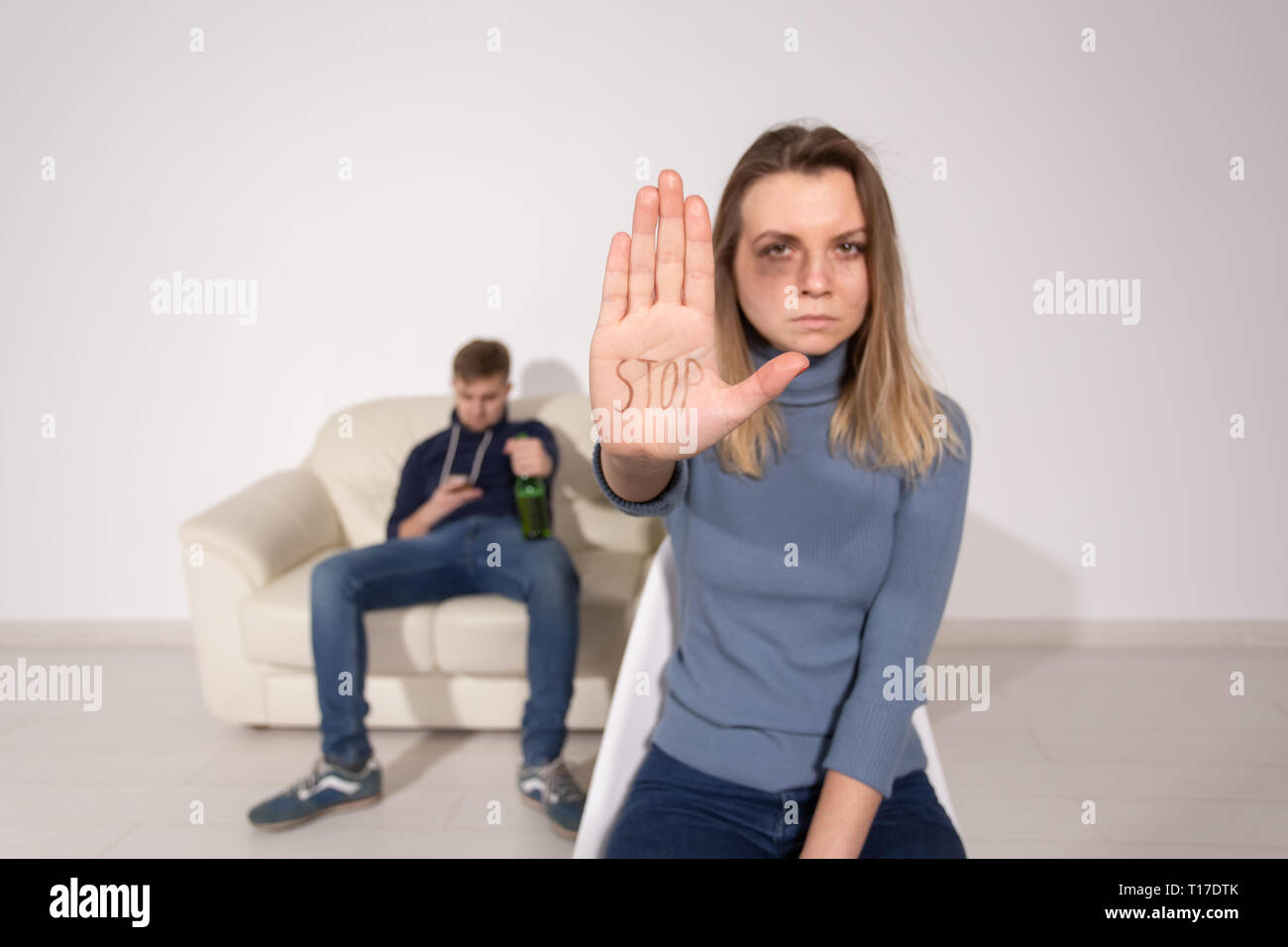 People, domestic violence and abuse concept - Woman shows stop abusing ...