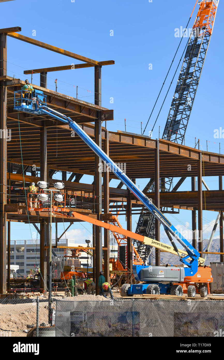 LAS VEGAS, NEVADA, USA - FEBRUARY 2019: A "cherry picker" hydraulic ...