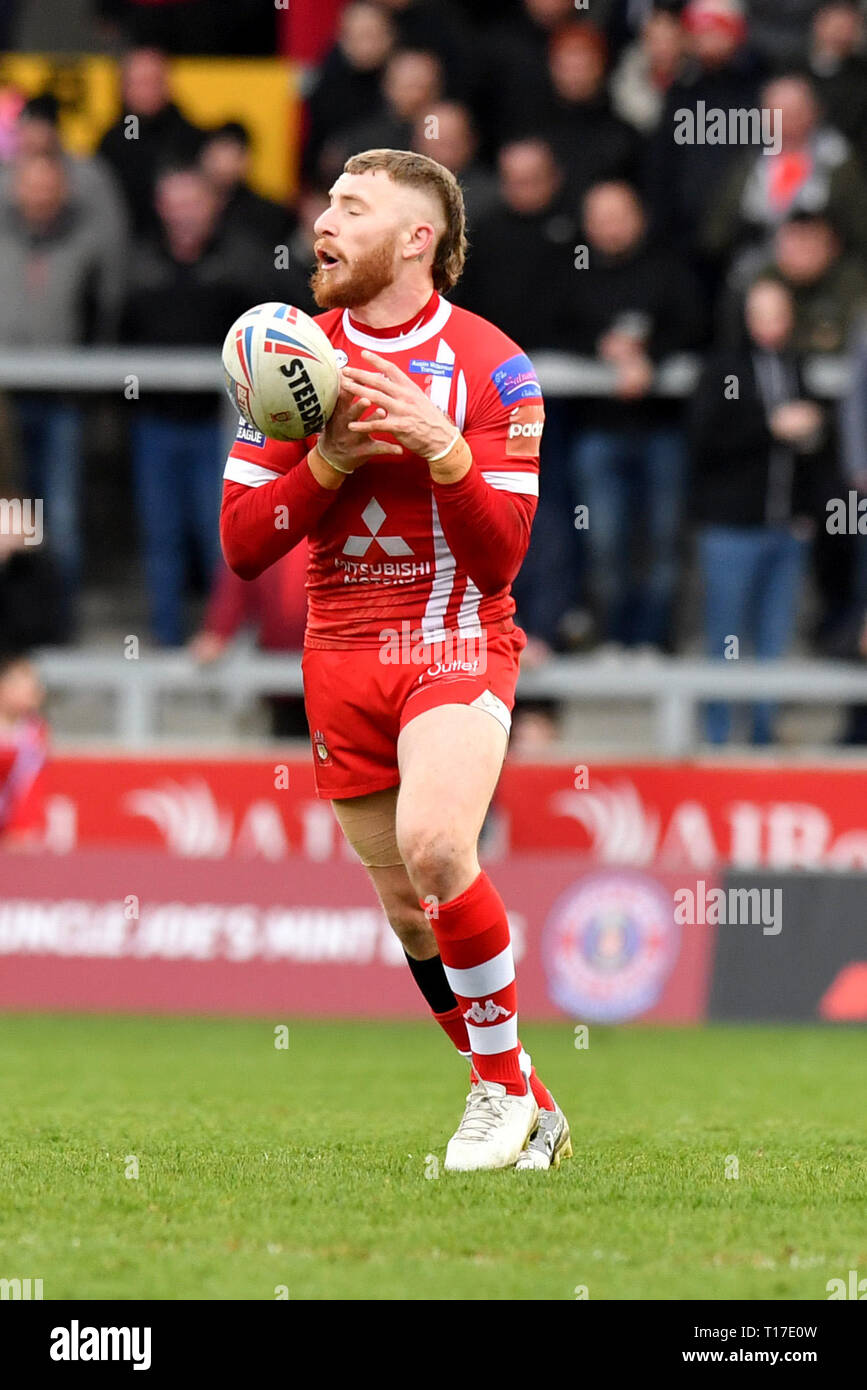 Salford Red Devils' Jackson Hastings drops the ball during the Betfred ...