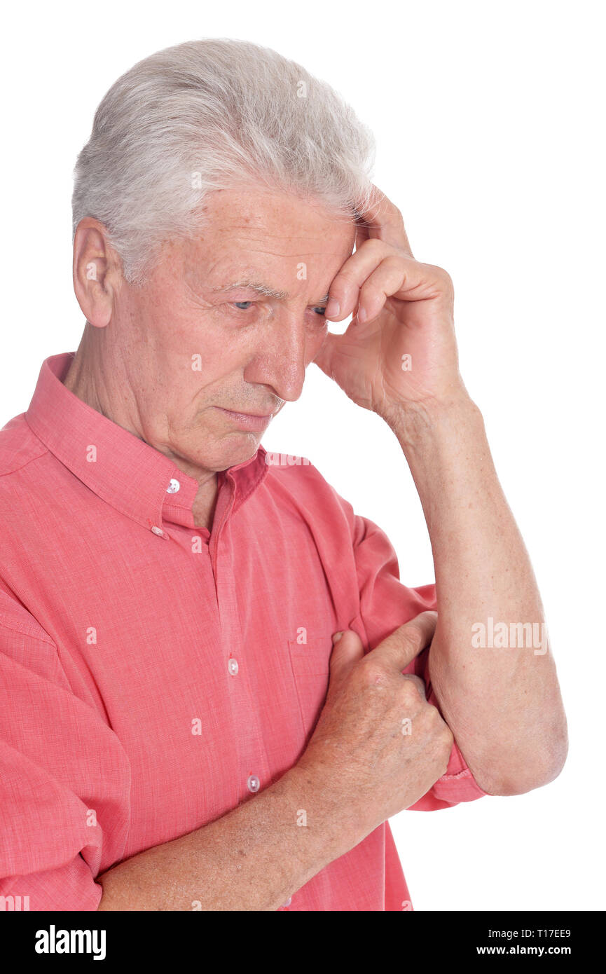 Portrait of sad senior man in casual clothing posing isolated on white ...
