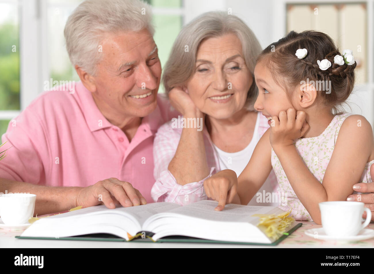 Portrait of grandparents reading book with little granddaughter Stock ...