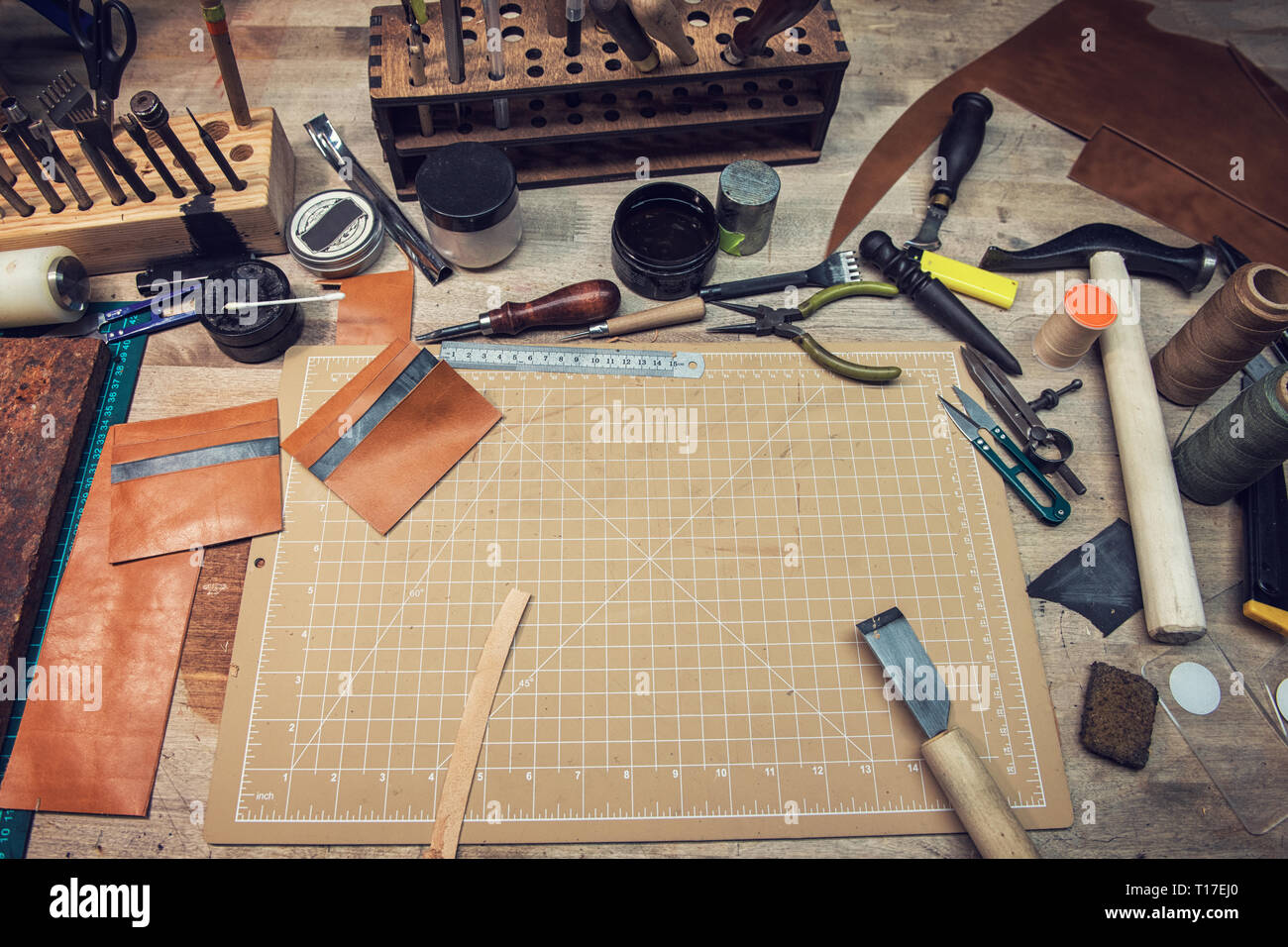 Leathermaker's work desk Stock Photo - Alamy