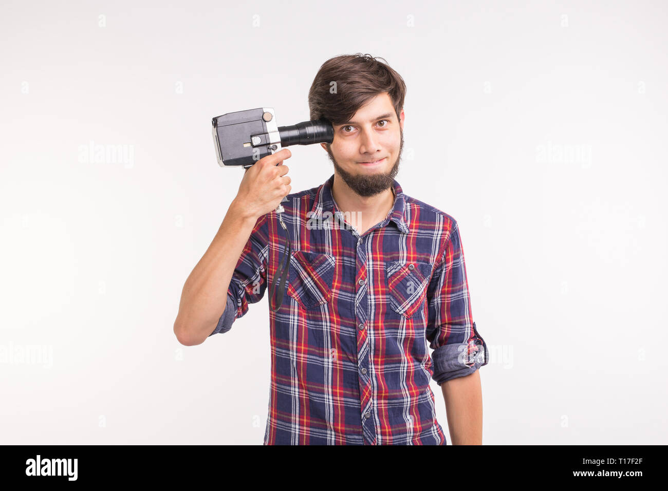 Joke, photo and gesture concept - young funny silly man posing with ...
