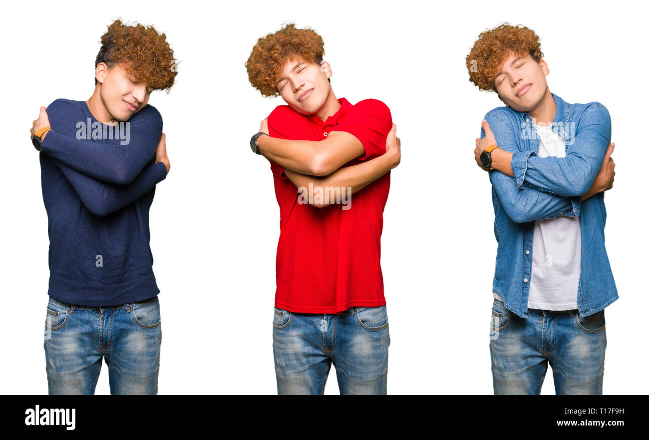 Collage of young man wearing different looks over isolated white ...