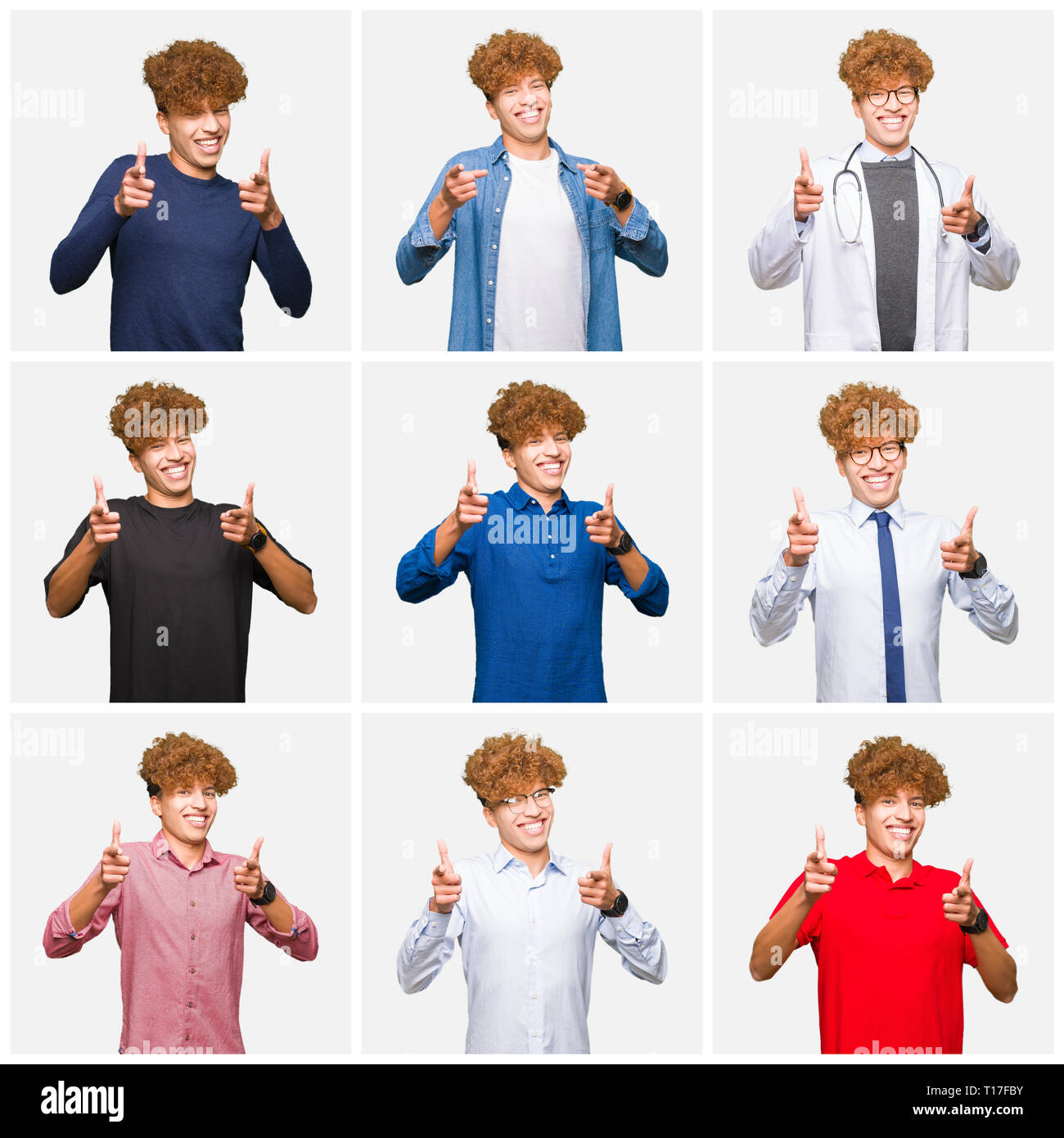 Collage of young man wearing different looks over isolated white ...