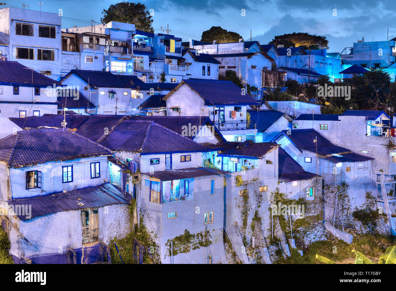 Panoramic view of village with old houses painted in blue color, Malang ...