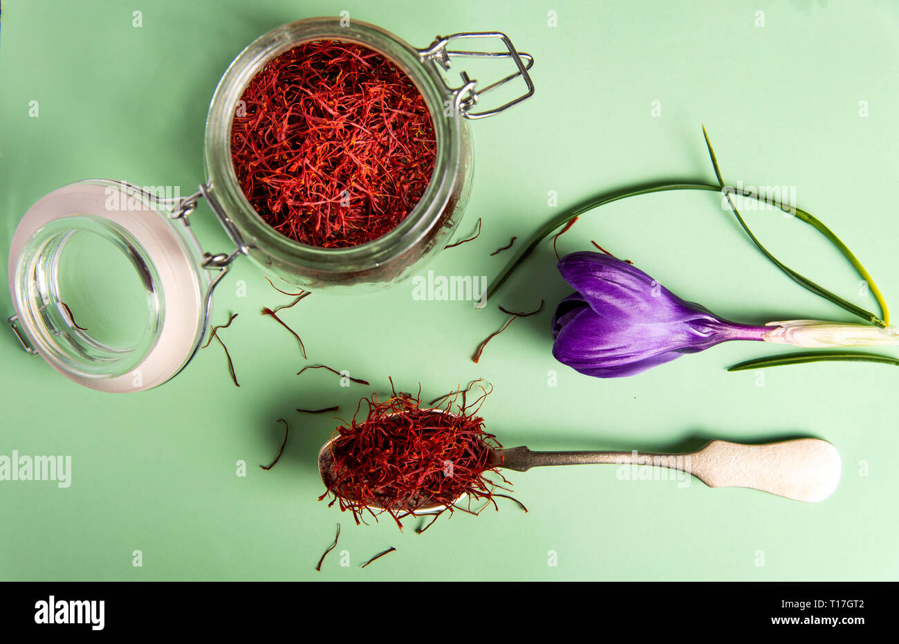 Saffron spice tea crop and flower top view Stock Photo - Alamy