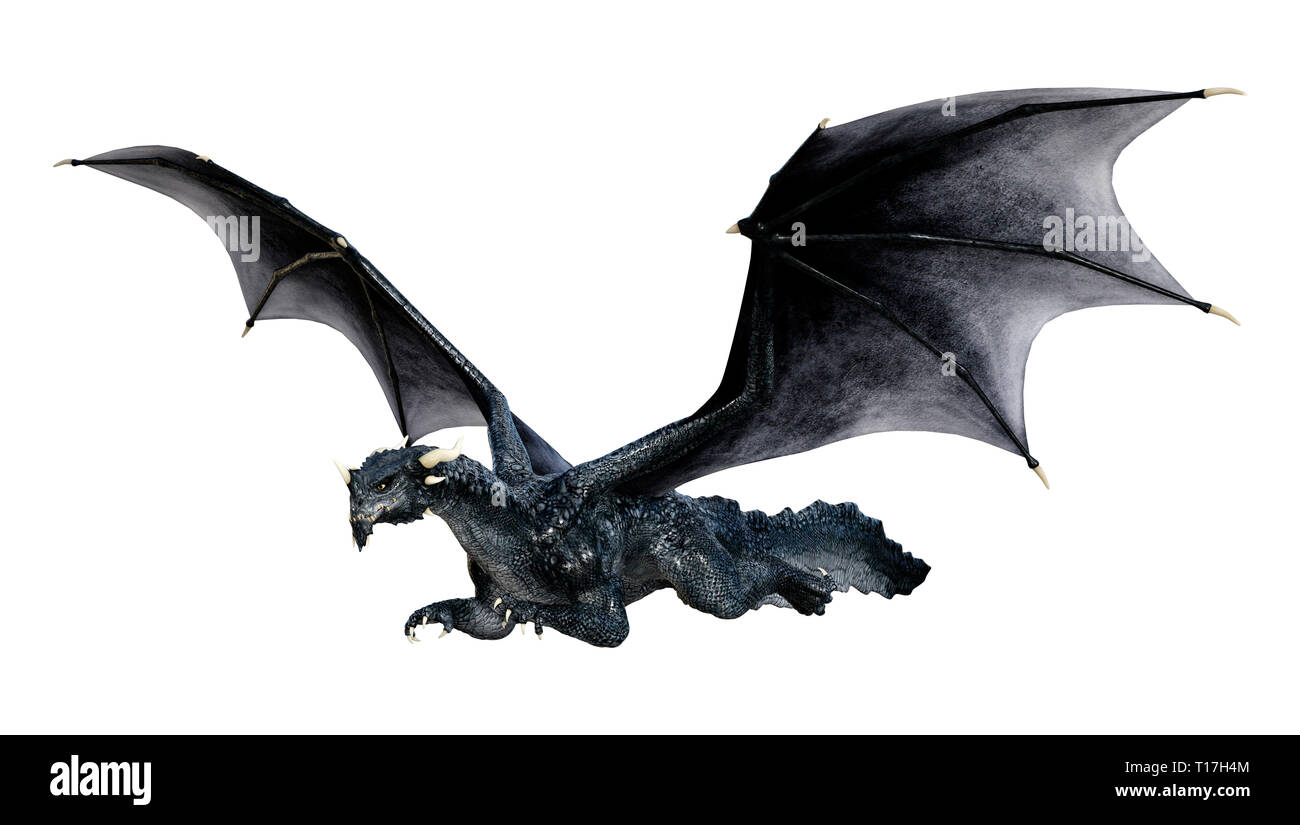 3D rendering of a black fantasy dragon isolated on white background ...