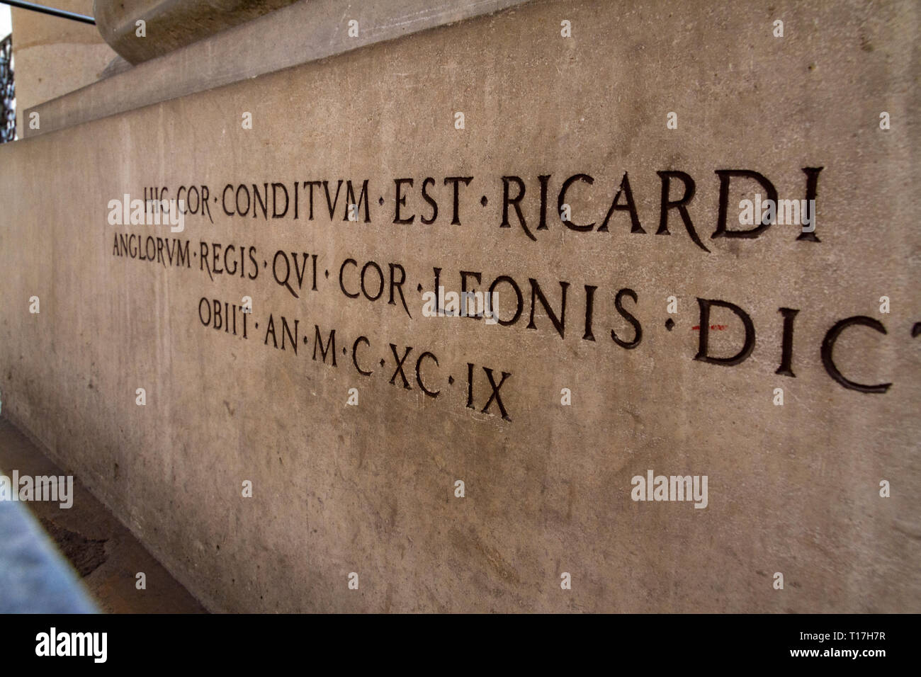 Inscription on the tomb containing the heart of Richard the Lionheart ...