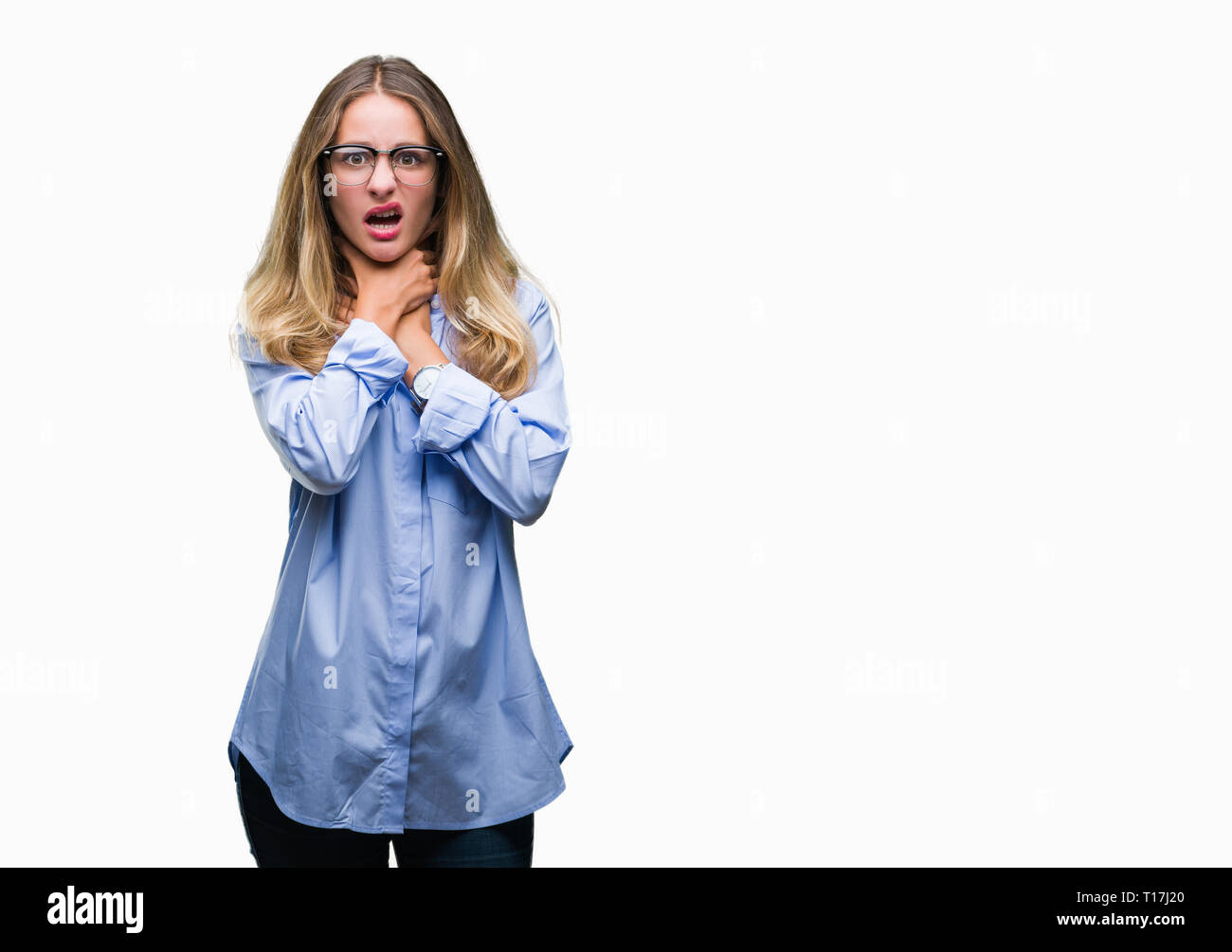 Young beautiful blonde business woman wearing glasses over isolated ...