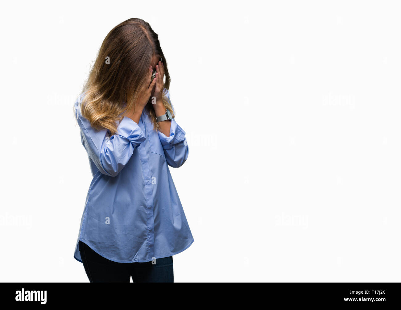 Young beautiful blonde business woman wearing glasses over isolated ...
