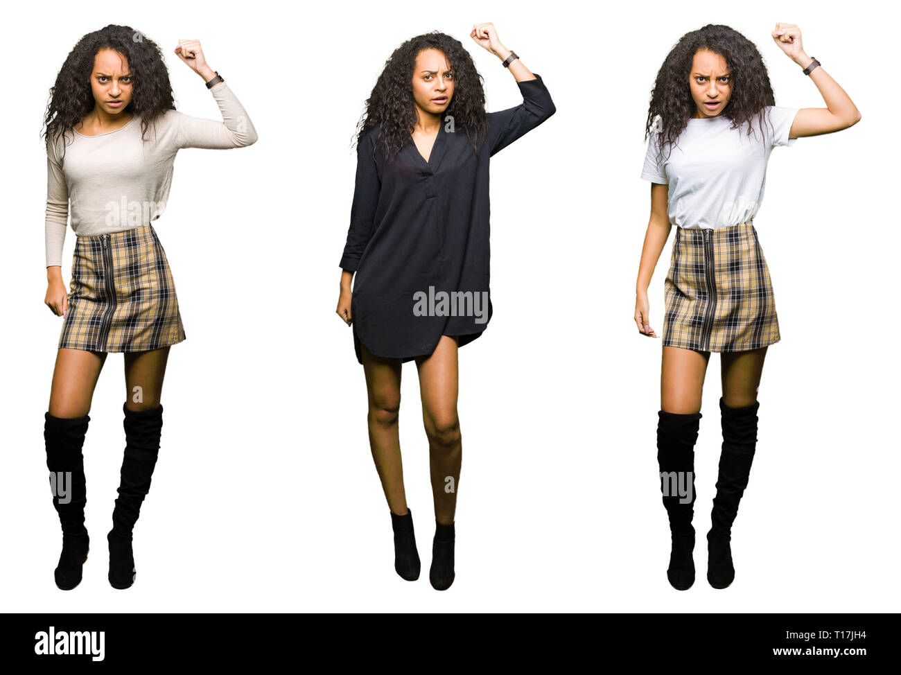 Collage of young woman over isolated white background angry and mad ...